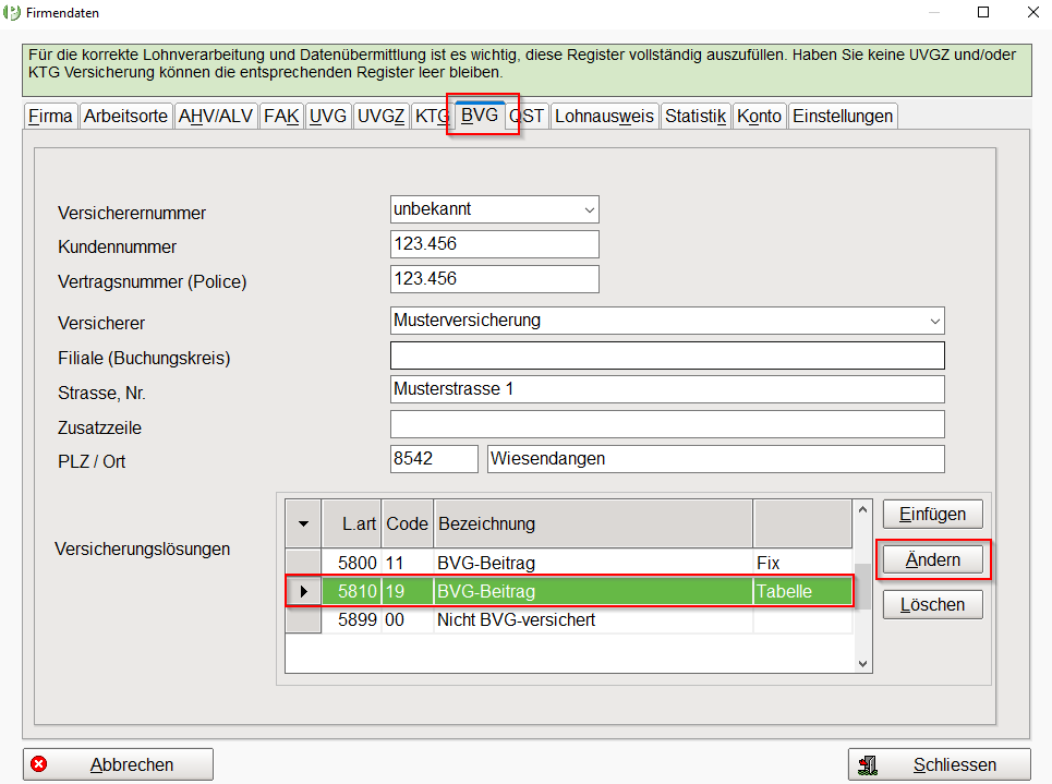 Wie kann ich in Pinus Lohn die BVG-Tabelle ändern?